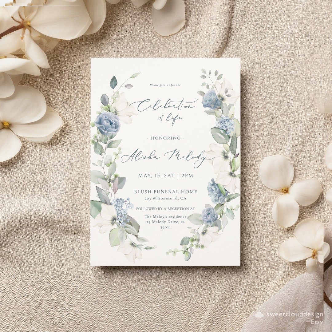 Blue Floral Funeral Invite Greenery Blue Flower Funeral Invitation Blue White Rose Funeral ...