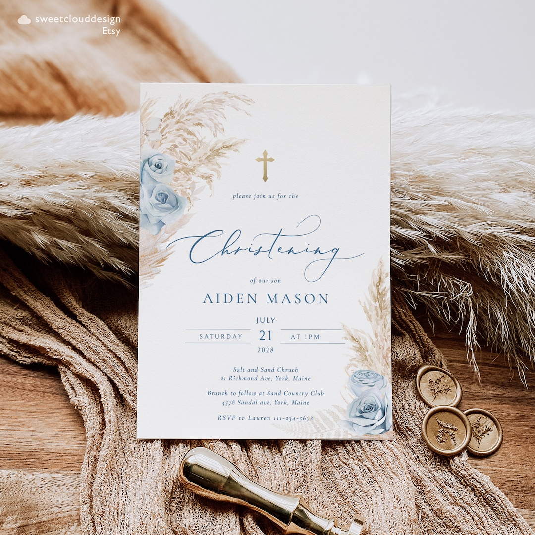 Blue Christening Invitation Pampas Grass Blue Rose Christening ...