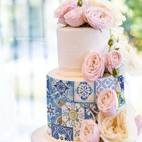 Cake Icing Template Italy Blue Tile Cake Icing Image Lemon | Etsy