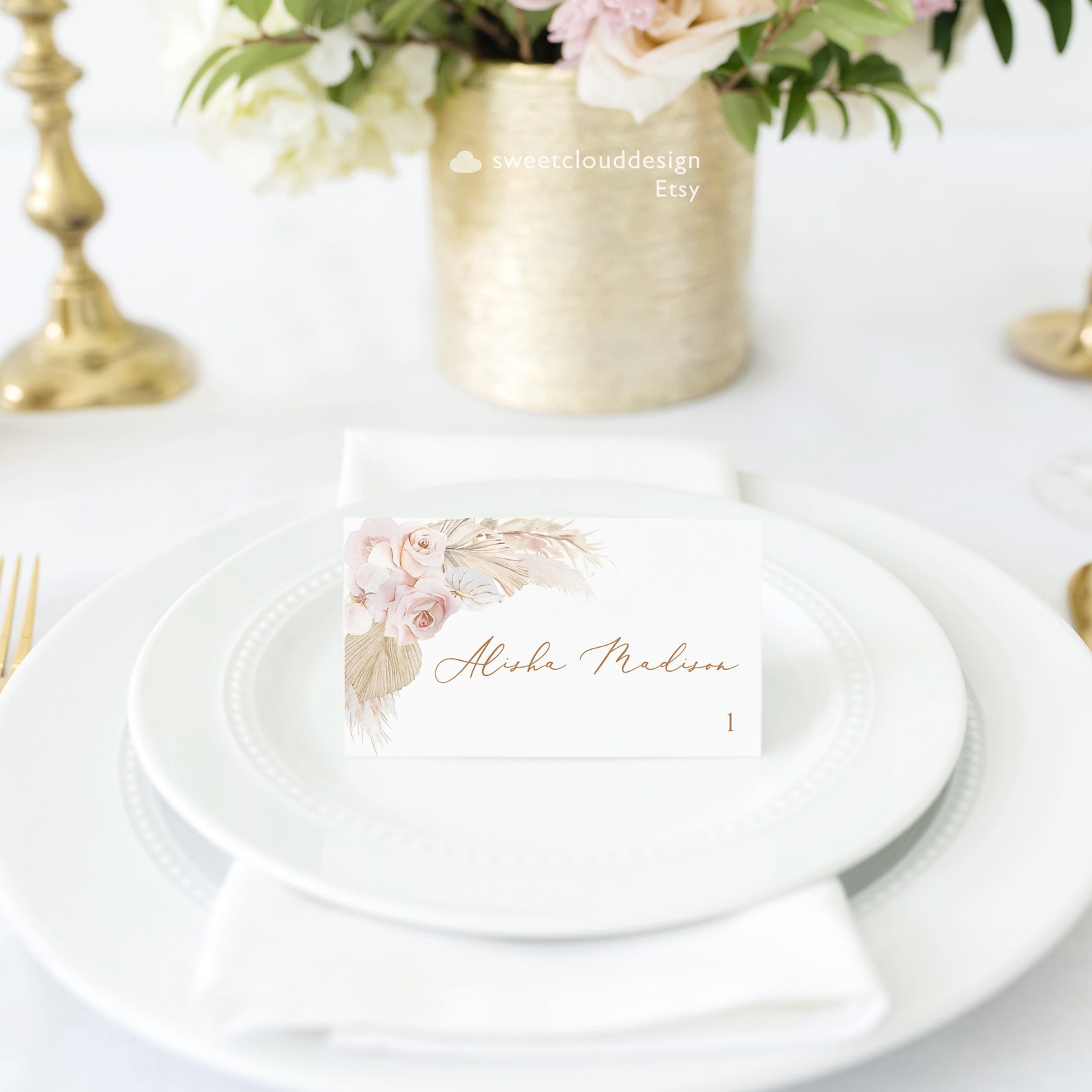 Blush Boho Place Card Template,pink Floral Bohemian Name Card ,pampas ...