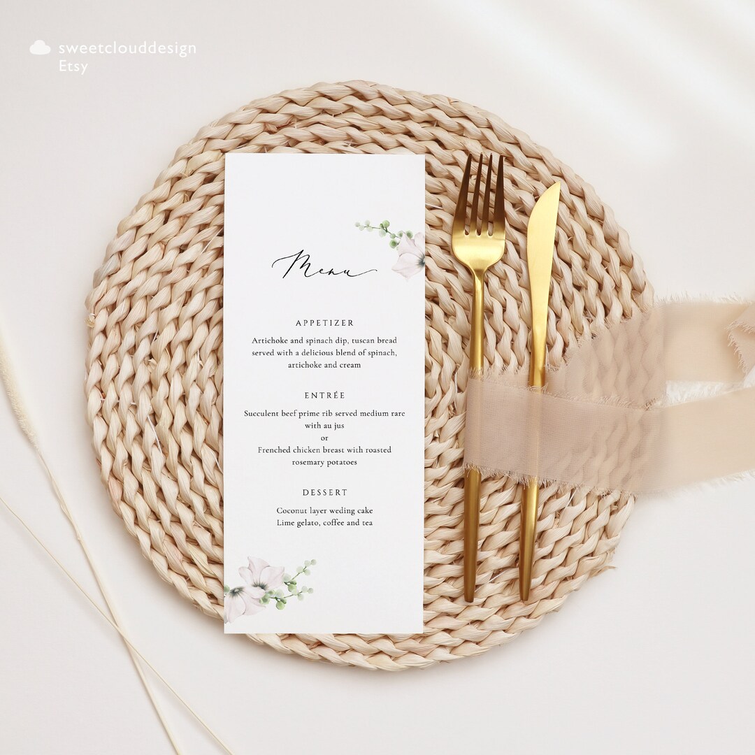 Green Floral Wedding Menu Template Greenery Menu Printable White Flower ...