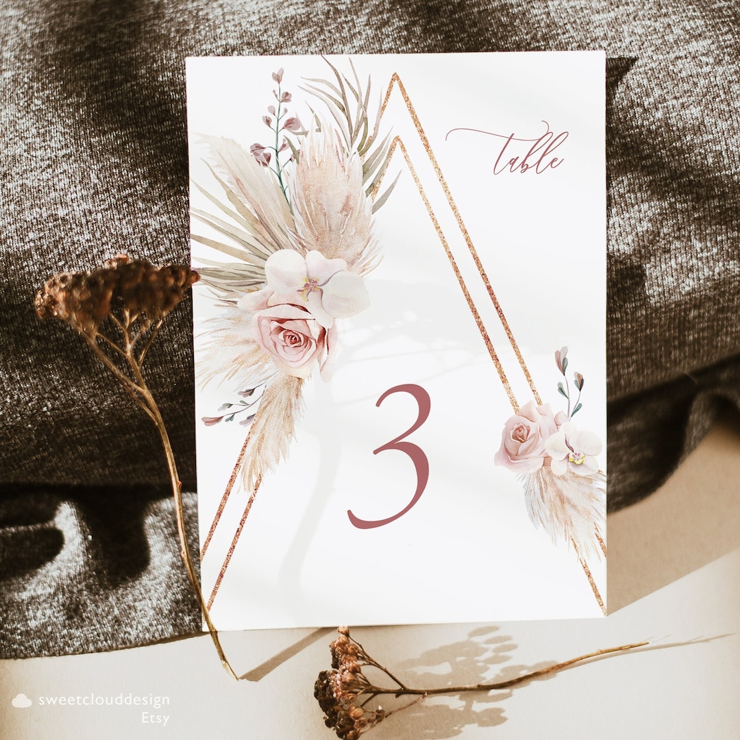 Rose Gold Boho Table Number Blush Orchid Wedding Table Number Pampas ...