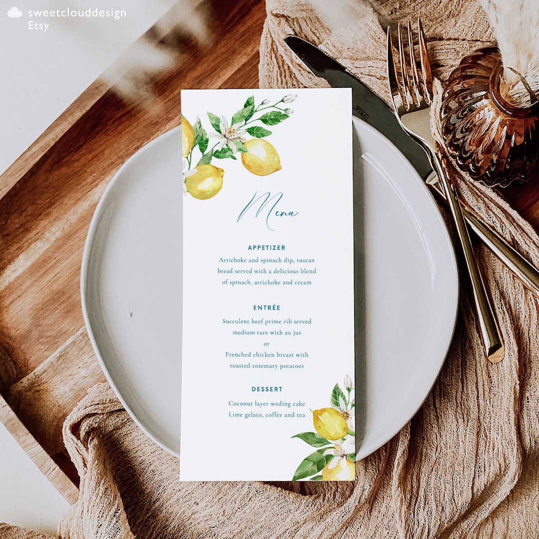 Lemon Wedding Menu Template Lemon Table Menu Printable Citrus ...