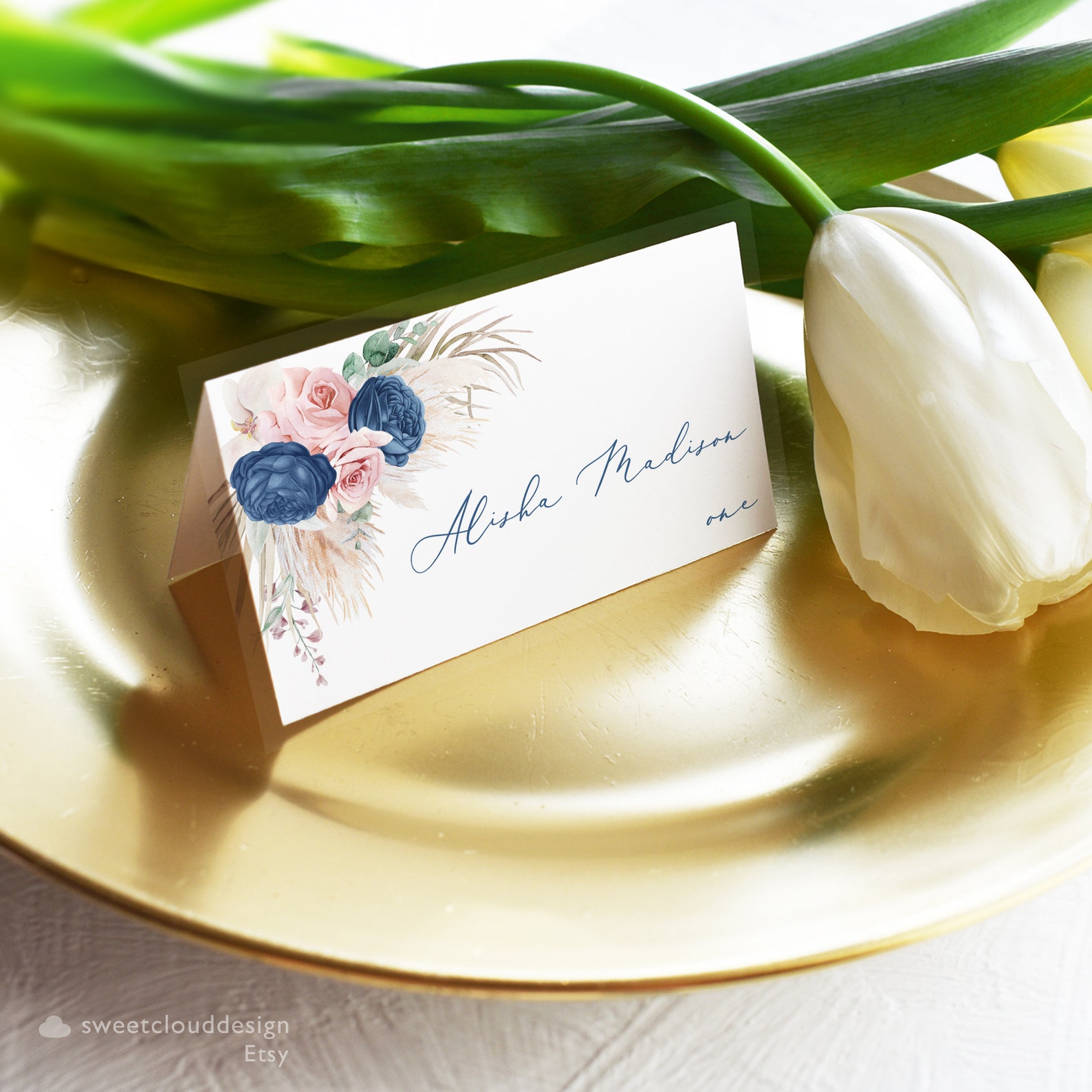Boho Navy Place Card Template,pink and Navy Bohemian Name Card,pampas ...