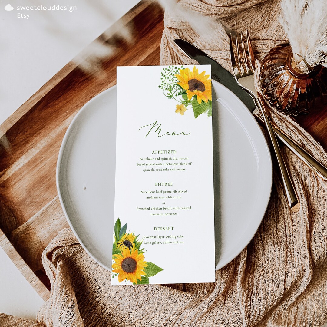 Sunflower Wedding Menu Template Sunflower Table Menu Cards Printable ...