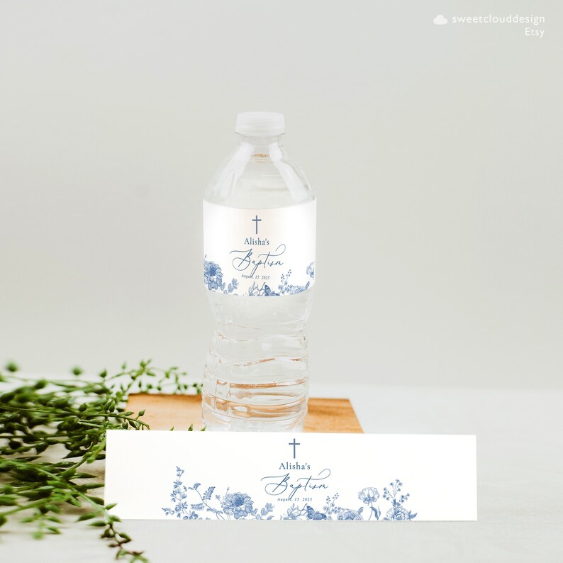 Baptism Water Bottle Label Template Dusty Blue Floral Water Bottle ...