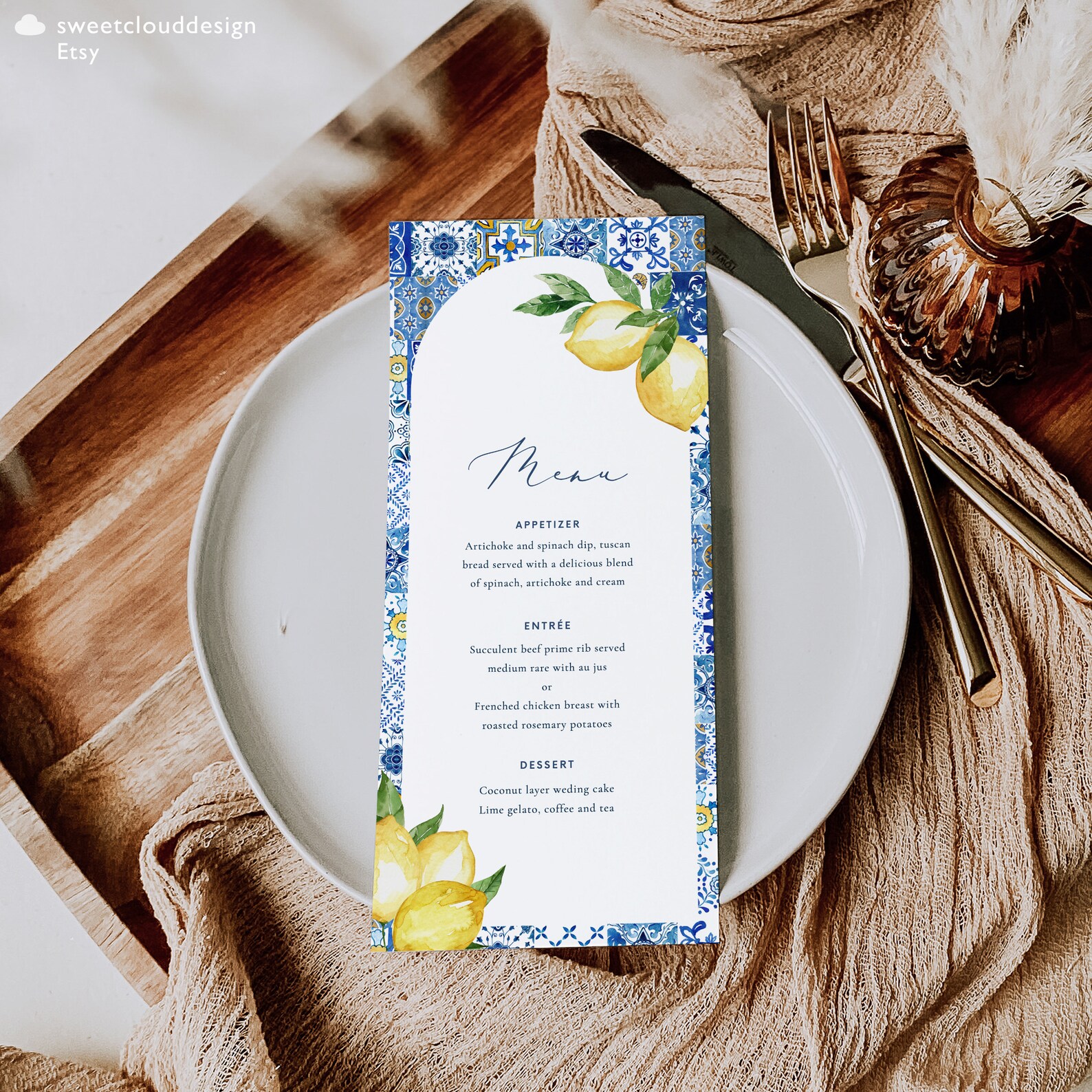Lemon Blue Tile Wedding Menu Template Blue Tile Arch Frame Floral Menu ...