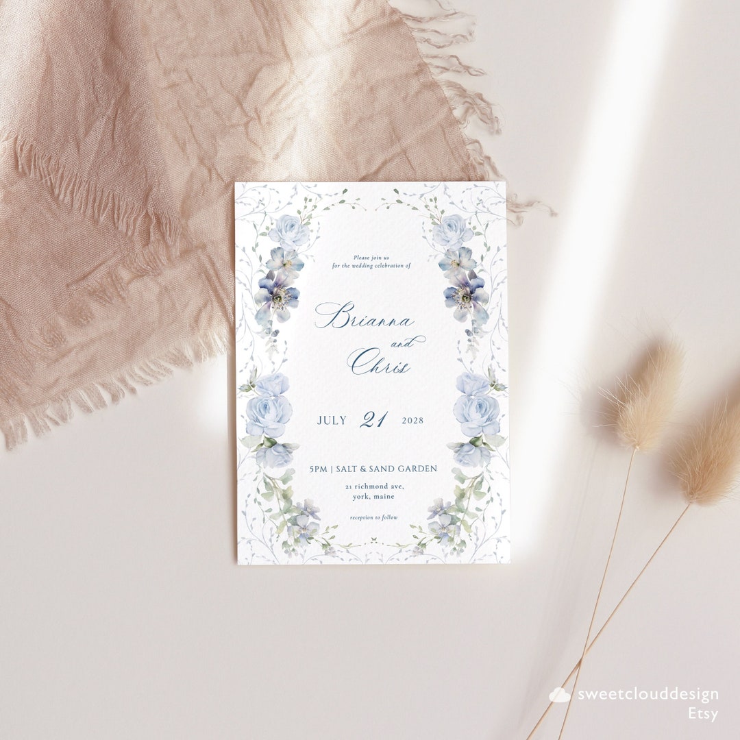 Dusty Blue Wedding Invitation Set Steel Blue Floral Wedding Invitation ...