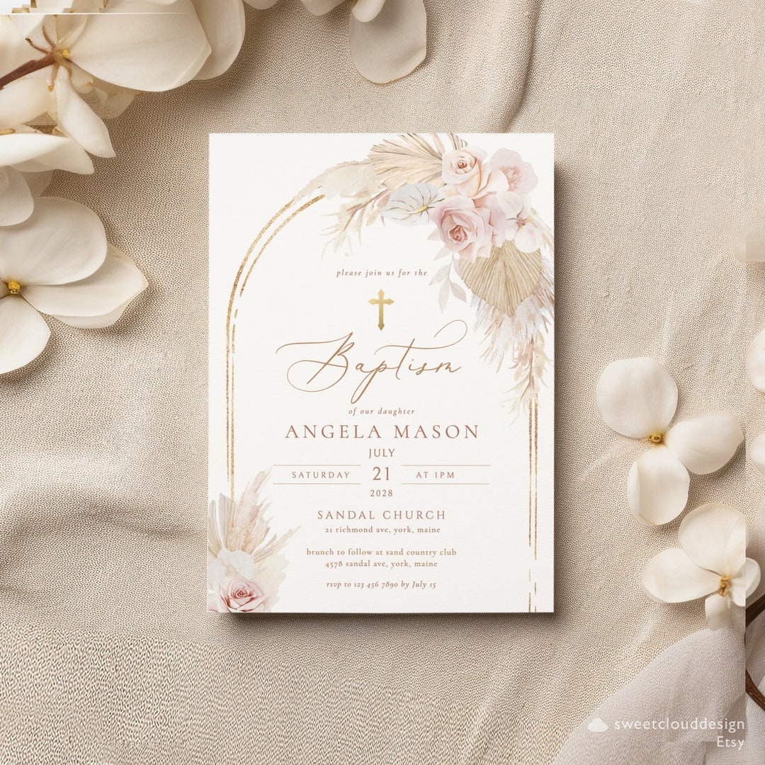 Boho Baptism Invitation Gold Cross Baptism Invitation Template Gold ...
