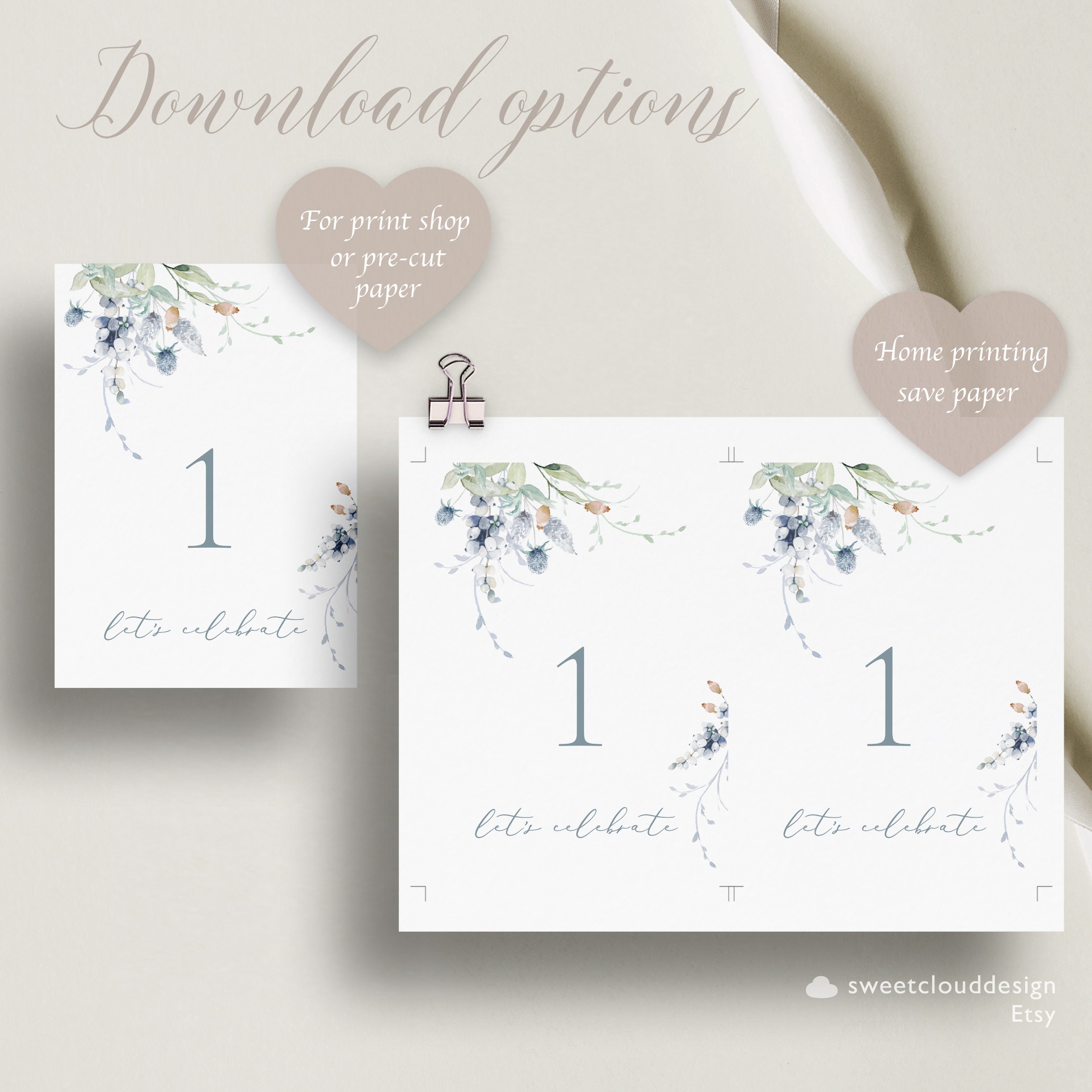 Dusty Blue Floral Table Number Template Steel Blue and Berry Greenery ...