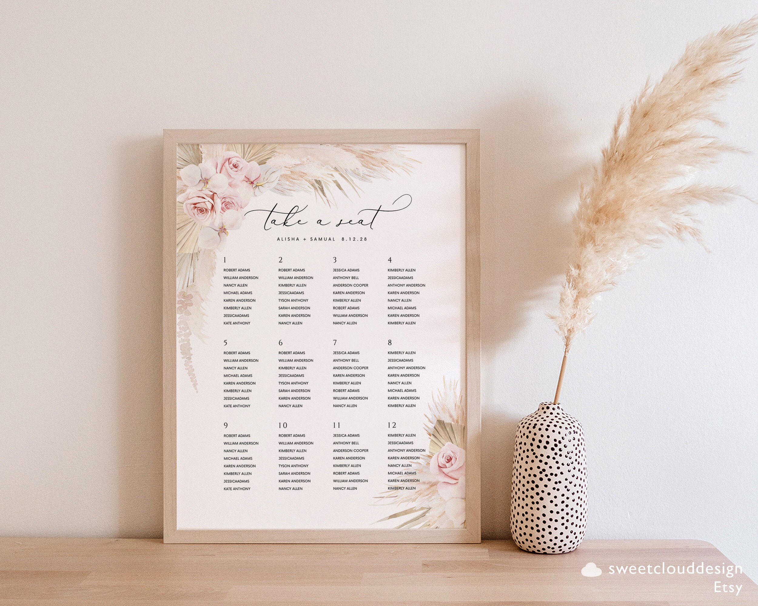 Boho Seating Chart Template Blush Rose Pampas Grass Seat Chart Orchid ...