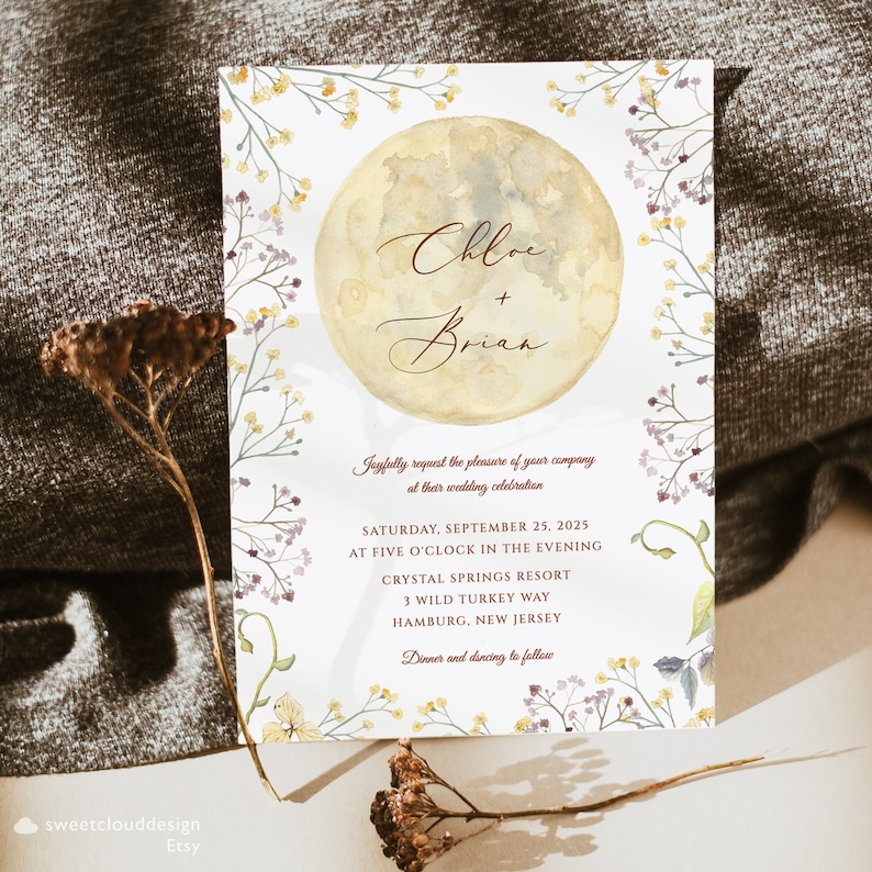 Full Moon Wedding Invitation Set Template Autumn Floral - Etsy