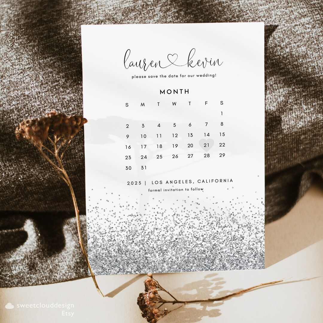 Silver Glitter Calendar Save the Date Template, Editable Save the Date ...