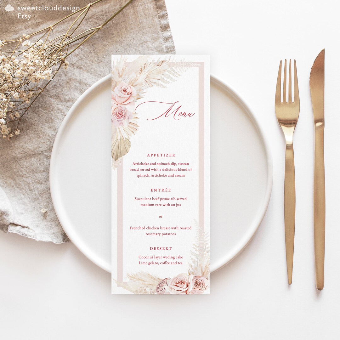 BOHO Blush Rose Dinner Menu Template Bohemian Pink Floral Wedding Menu ...