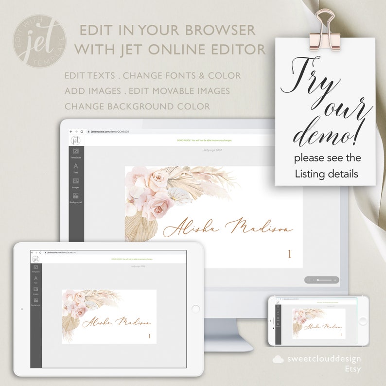 Blush Boho Place Card Template,pink Floral Bohemian Name Card ,pampas ...