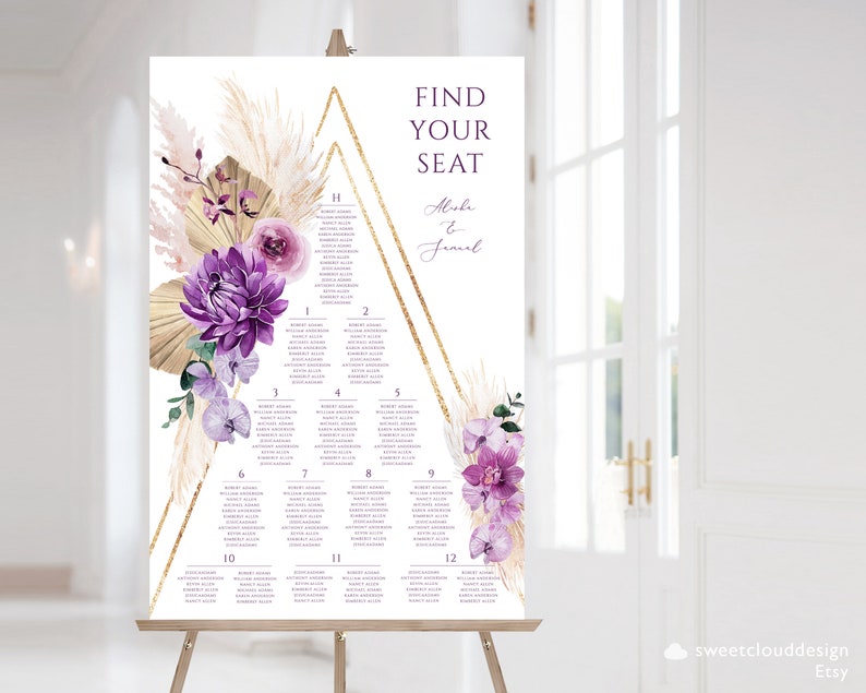 Purple Boho Seating Chart Sign Template Violet Floral Seat - Etsy