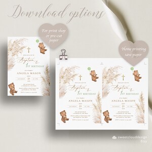 Teddy Bear Baptism 1st Birthday Invitation Template Pampas Grass ...