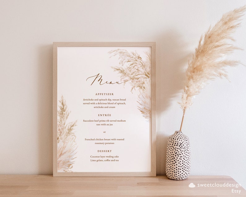 Pampas Grass Menu Sign Template BOHO Pampas Grass Printable Menu Sign ...