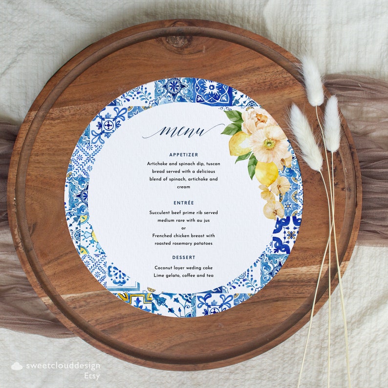 Blue Tile Round Table Menu Template Italy Blue Tile and Lemon - Etsy