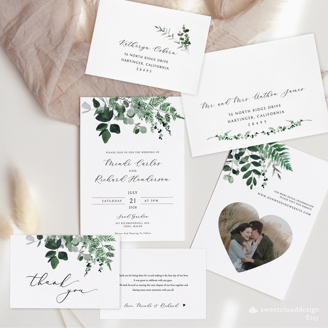 Forest Green Leaves Invite and Thank You Card Envelope Template ...