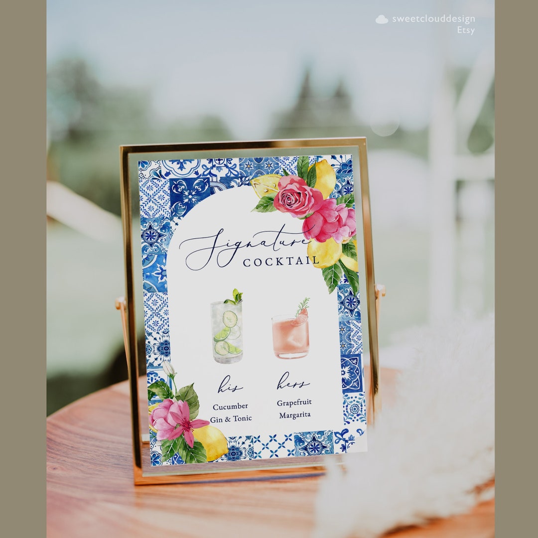 Blue Tile and Lemon Signature Drink Sign Template Pink Flower Lemon ...