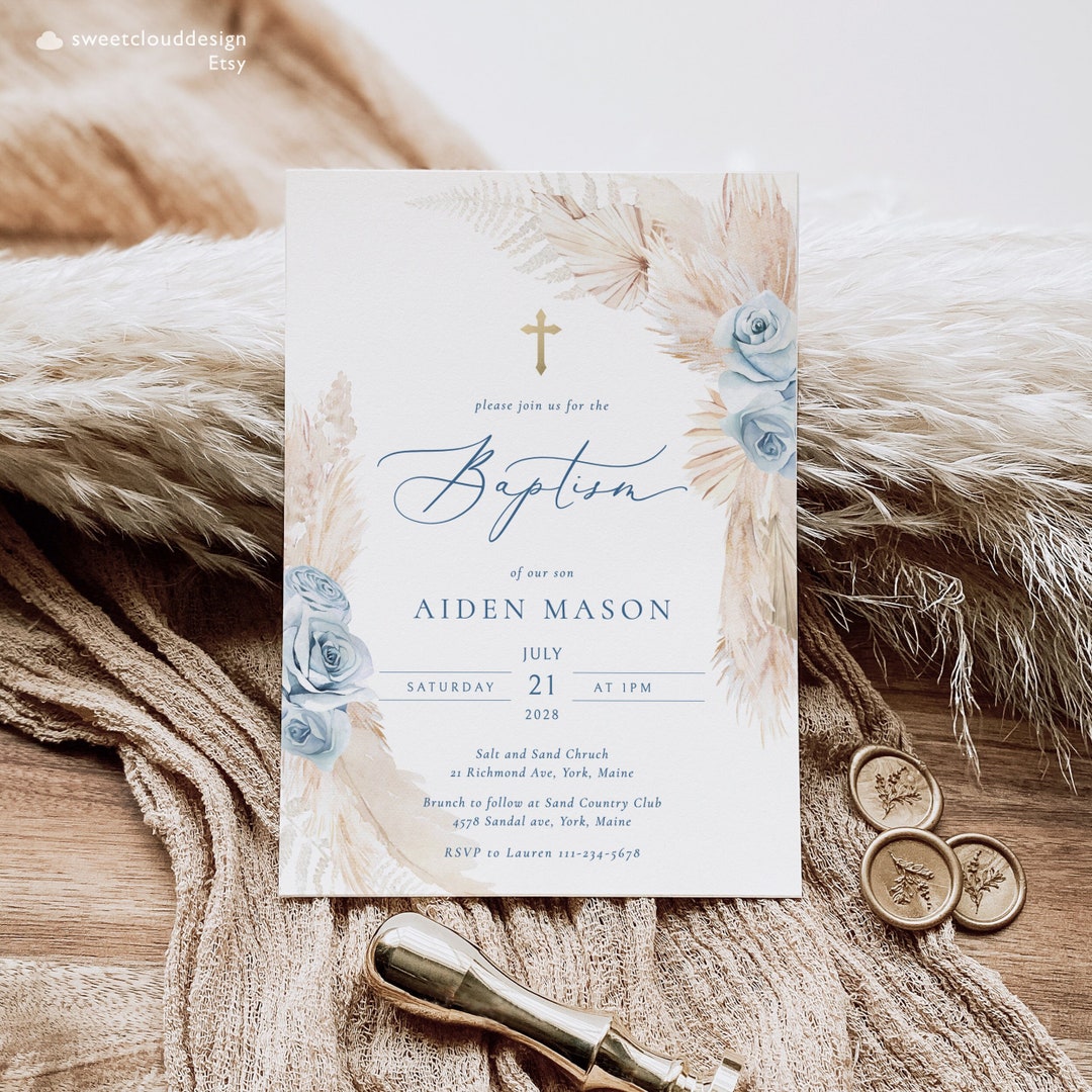 Boho Blue Baptism Invitation Gold Cross Baptism Invitation Template ...