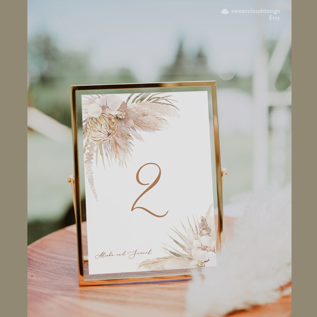 Boho Table Number Boho Orchid Wedding Table Number Pampas Grass ...