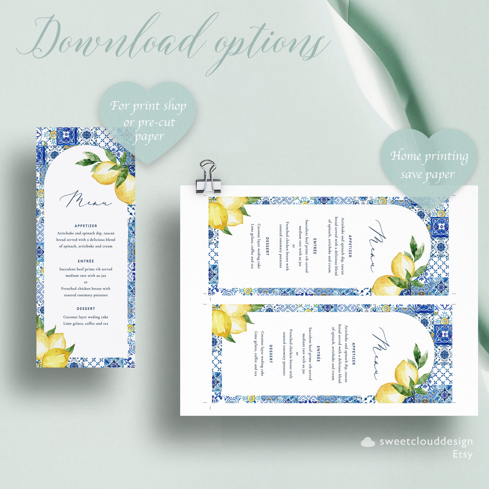 Lemon Blue Tile Wedding Menu Template Blue Tile Arch Frame Floral Menu ...