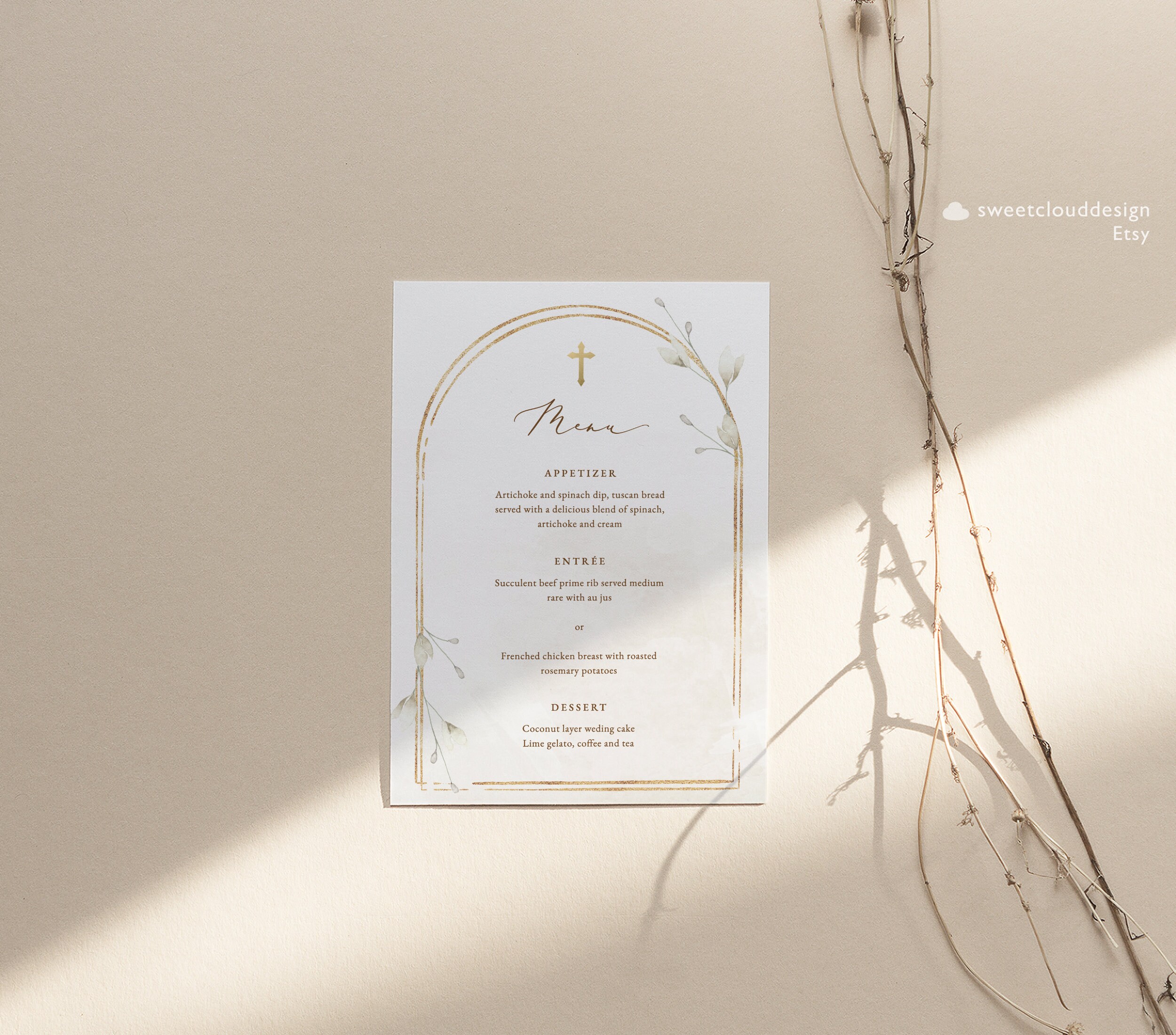 White Flower Baptism Menu Gold Cross Menu Neutral Floral Table Menu ...