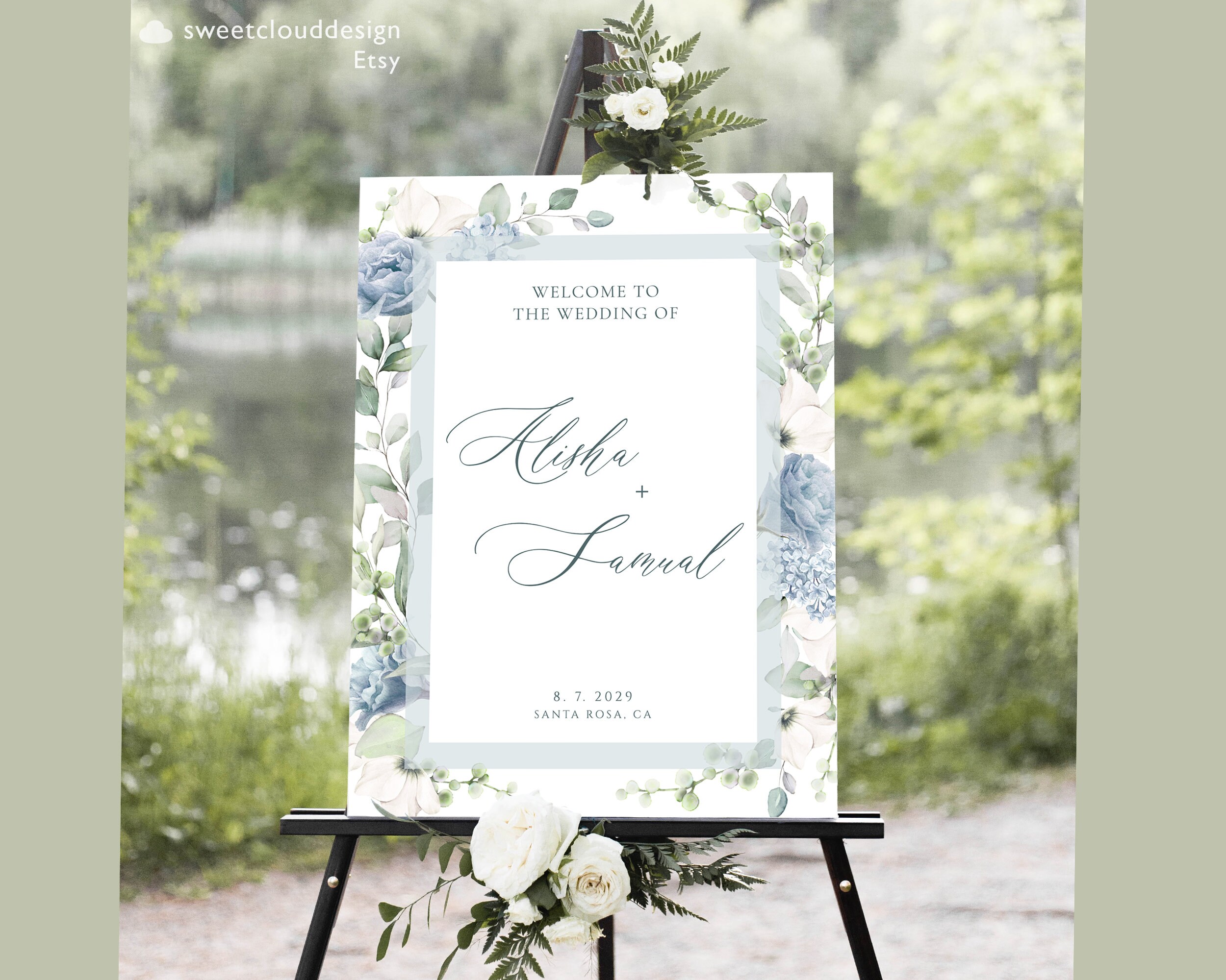Steel Blue Floral Wedding Sign Dusty Blue Flower Welcome Wedding Sign ...