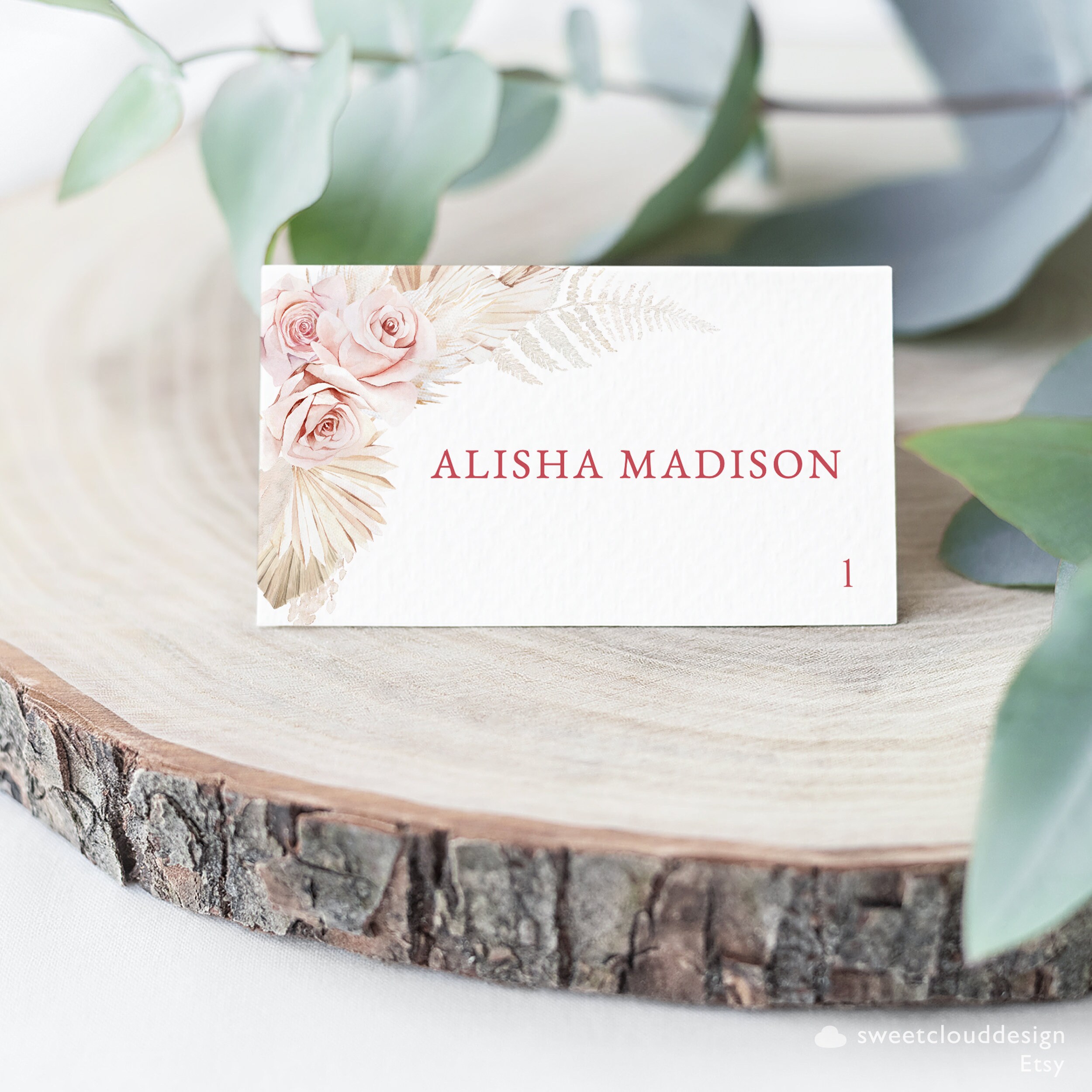 Blush Boho Place Card Template Pink Floral Bohemian Name Card Blush ...