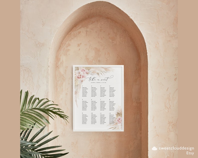 Boho Seating Chart Template Blush Rose Pampas Grass Seat Chart - Etsy