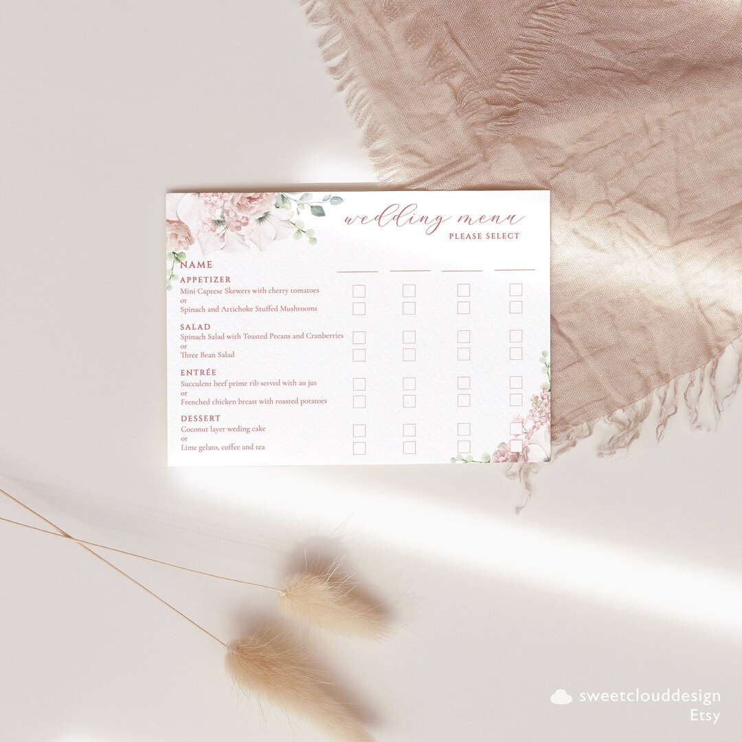 Dusty Pink Floral Menu Selection Card Menu Choice Card Wedding Menu ...