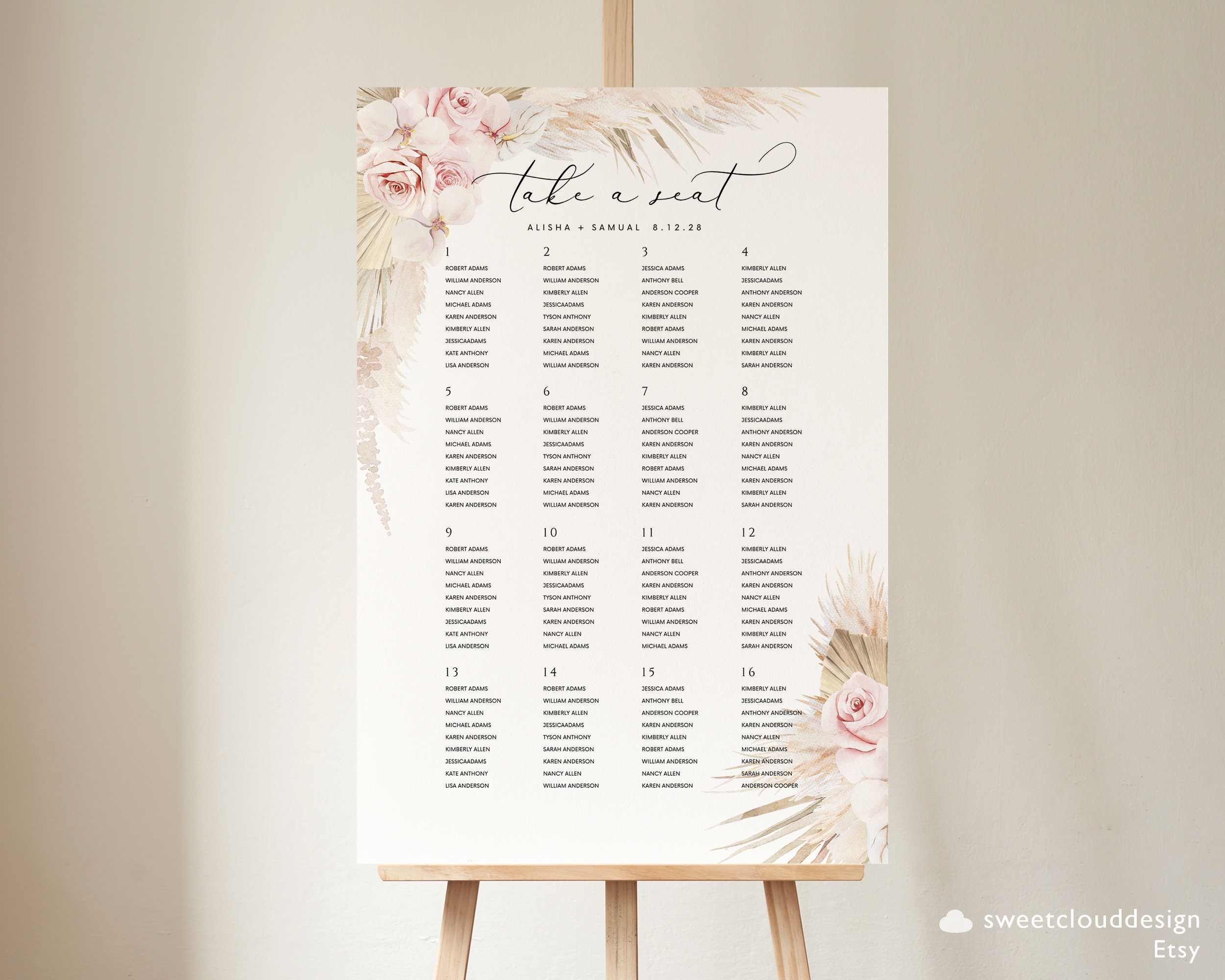 Boho Seating Chart Template Blush Rose Pampas Grass Seat Chart Orchid ...