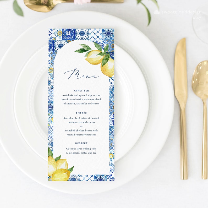 Lemon Blue Tile Wedding Menu Template Blue Tile Arch Frame - Etsy