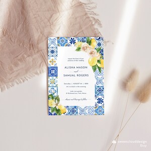 Positano Blue Tile Invitation Set Lemon Wedding Invitation Template ...