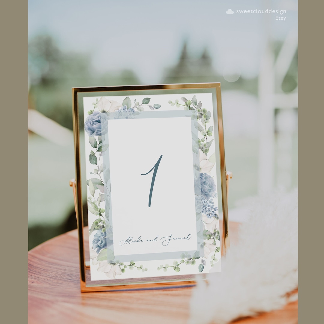 Steel Blue Floral Table Number Template Dusty Blue Rose and Greenery ...