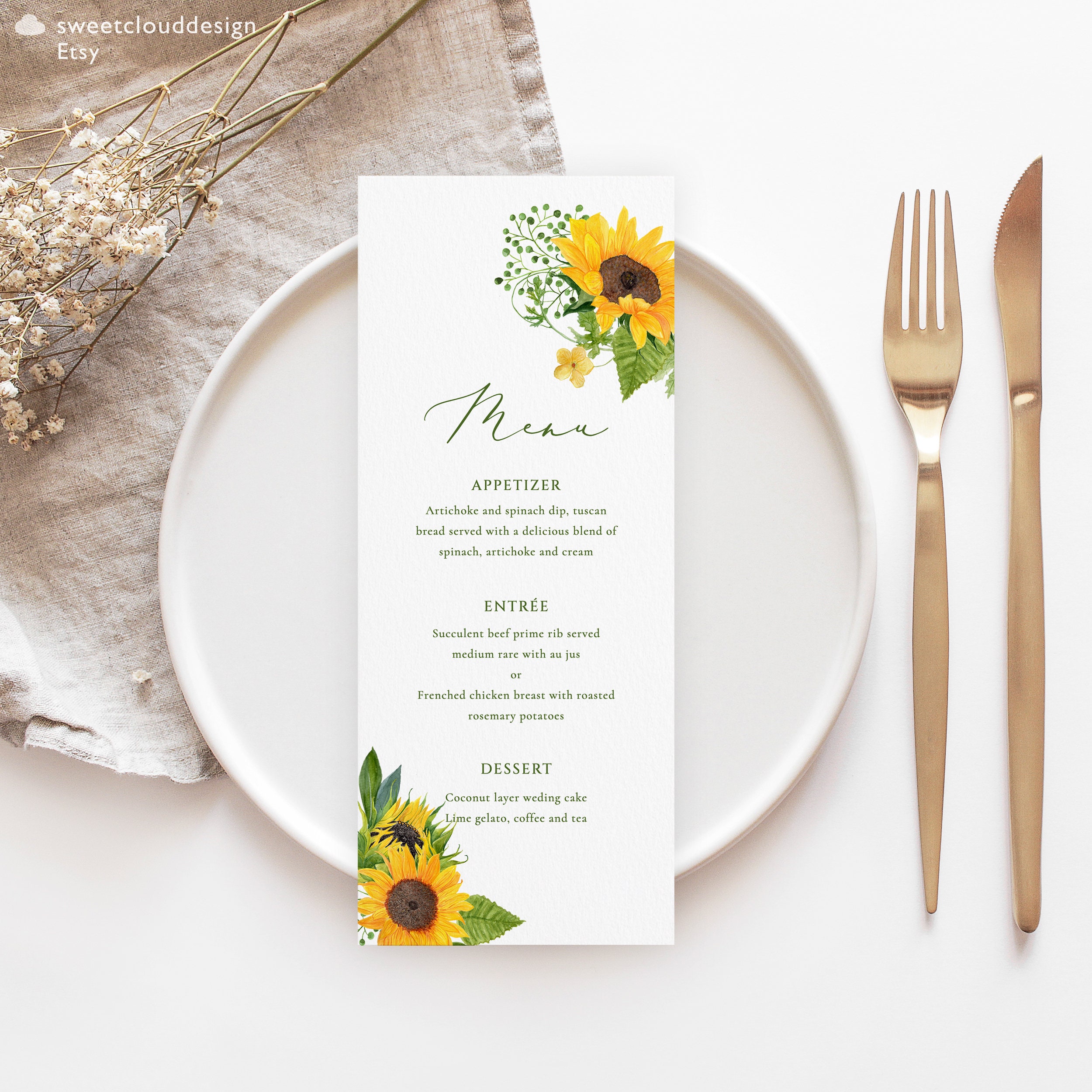 Sunflower Wedding Menu Template Sunflower Table Menu Cards Printable ...