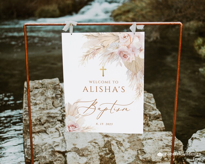 Dusty Pink Baptism Welcome Sign Template Gold Cross Baptism Pampas ...