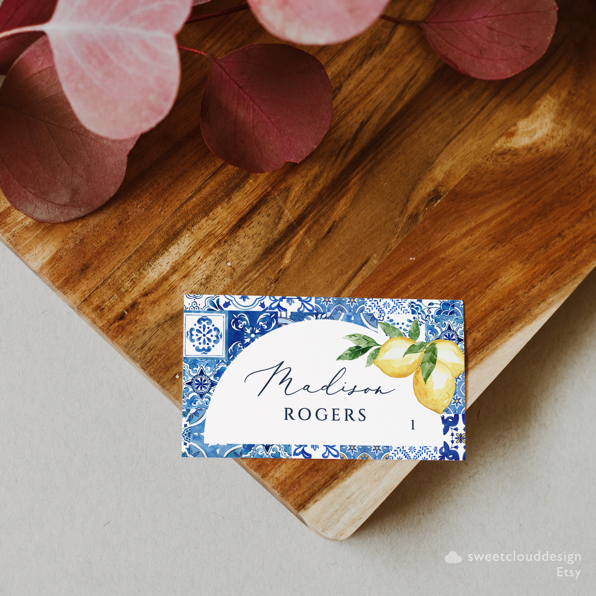 Lemon and Blue Tile Place Cards Template Lemon and Tile Arch Table Name ...