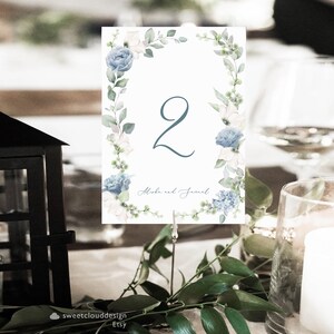 Steel Blue Floral Table Number Template Dusty Blue Rose and Greenery ...