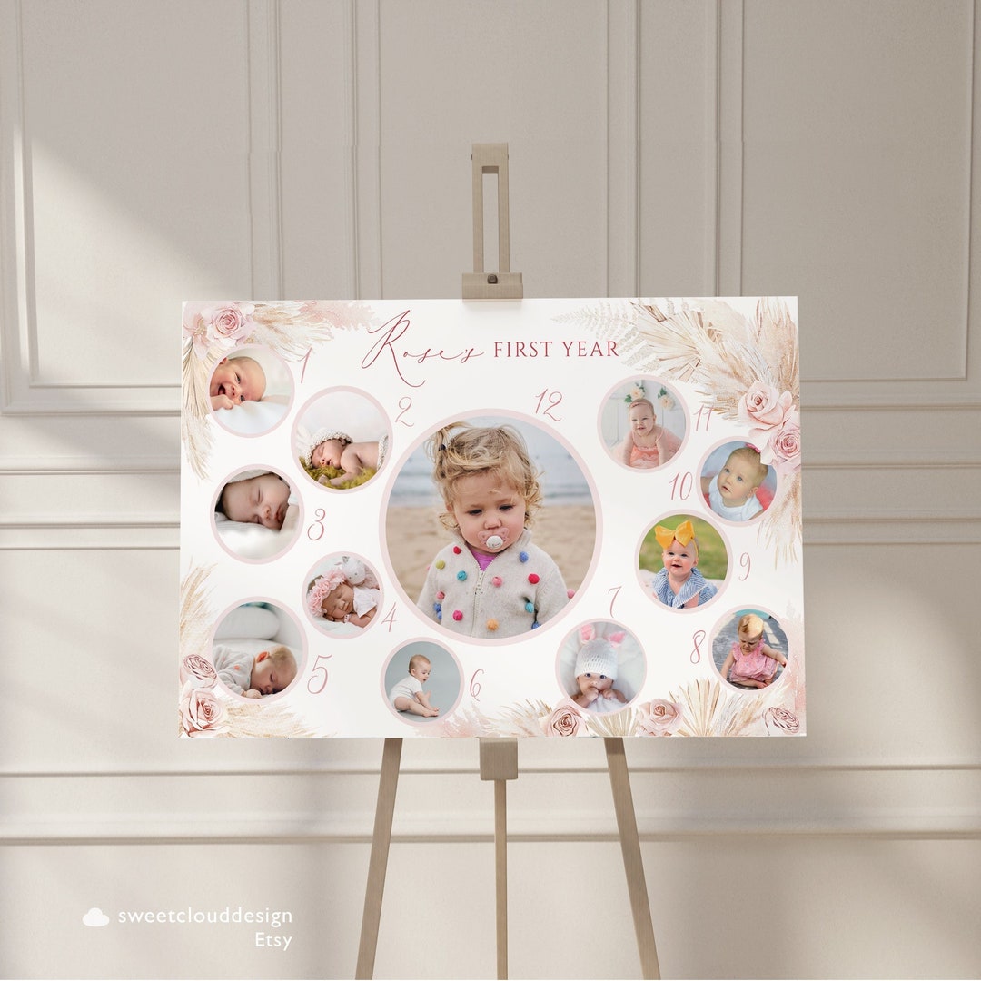 Boho Dusty Pink First Birthday Photo Sign Template Blush Pampas Grass ...