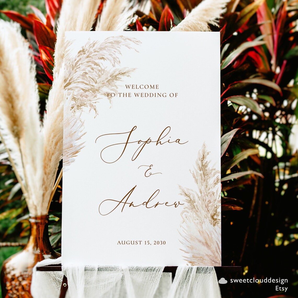 Boho Welcome Wedding Sign Template Pampas Grass Welcome Sign Pampas ...