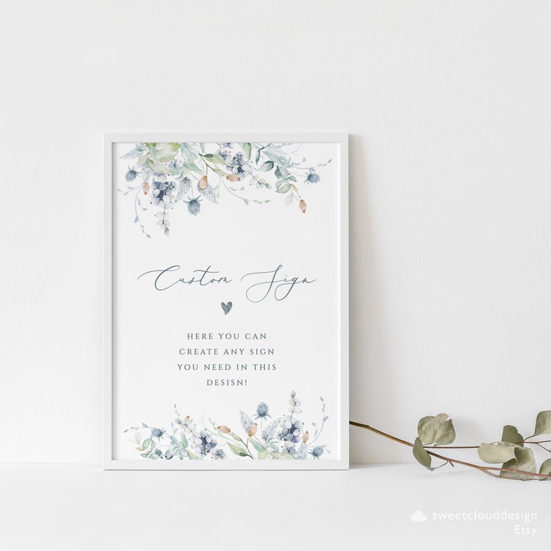 Dusty Blue Floral Custom Sign Steel Blue and Green Editable Custom Sign ...