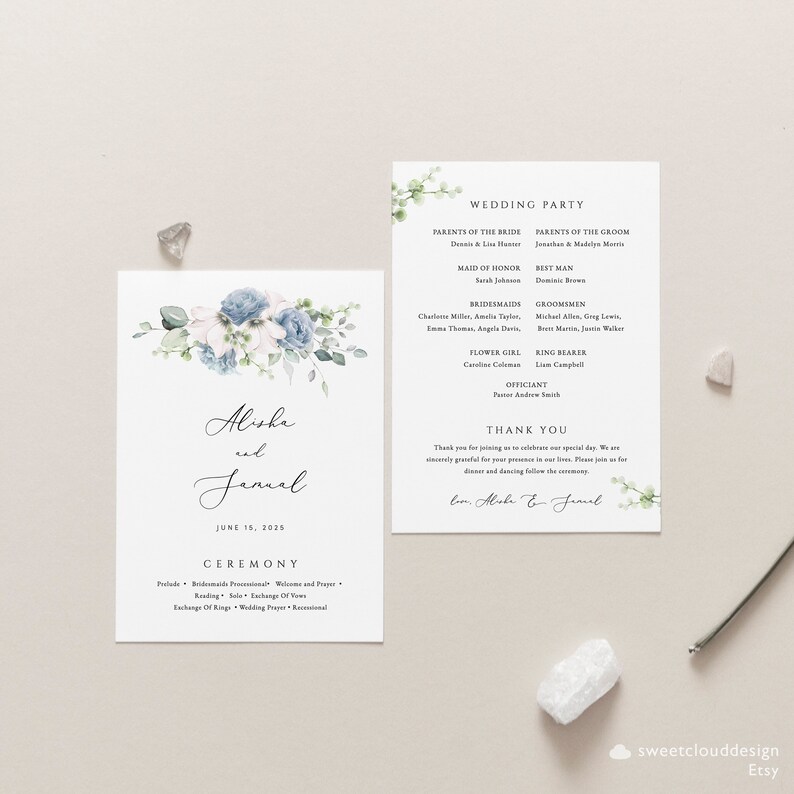 Dusty Blue Floral Wedding Program Template Steel Blue Editable - Etsy