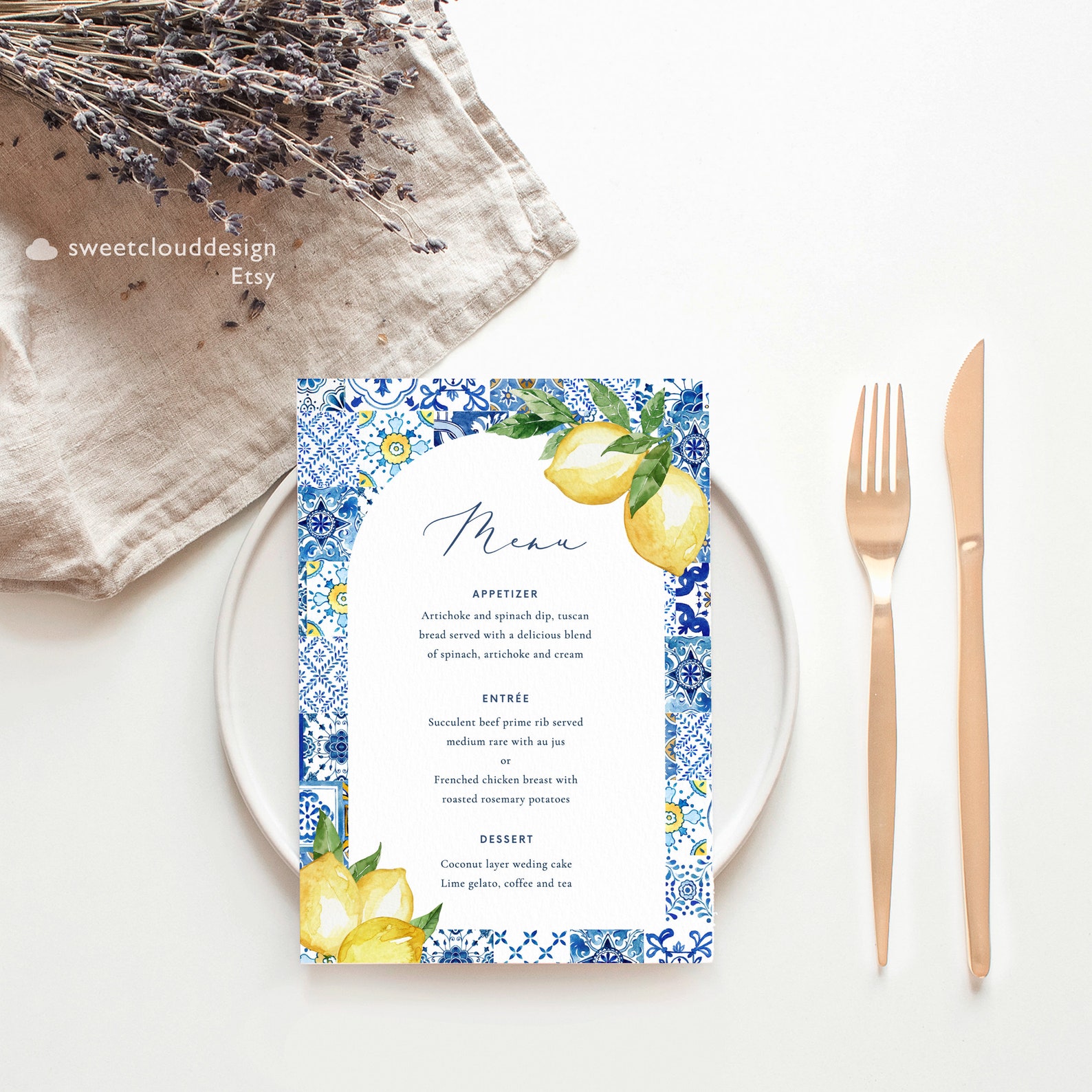 Lemon Blue Tile Wedding Menu Template Blue Tile Arch Frame Floral Menu ...