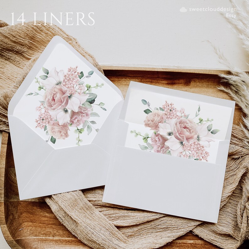 Pink Floral Envelope Liner Template Blush Pink Flower Envelope Liner ...