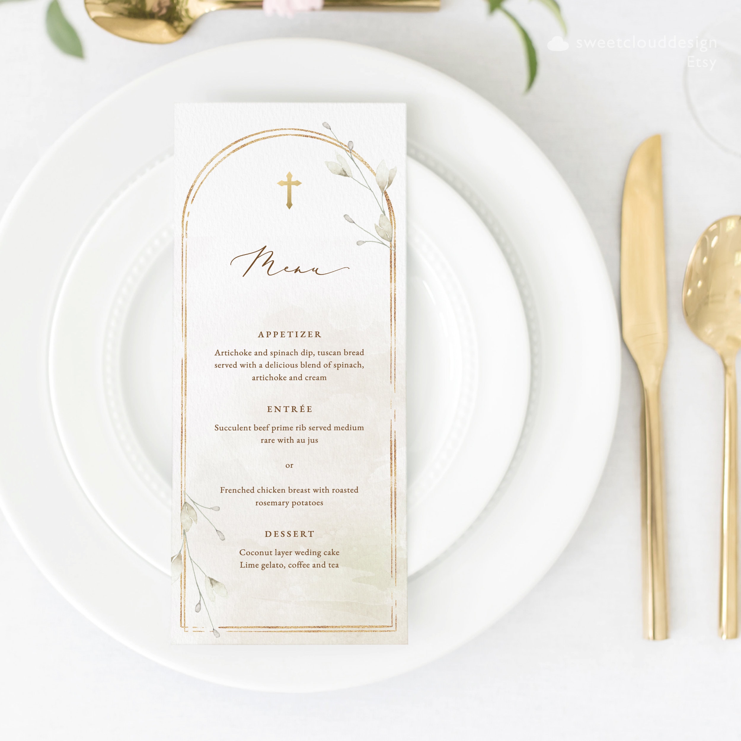 White Flower Baptism Menu Gold Cross Menu Neutral Floral Table Menu ...