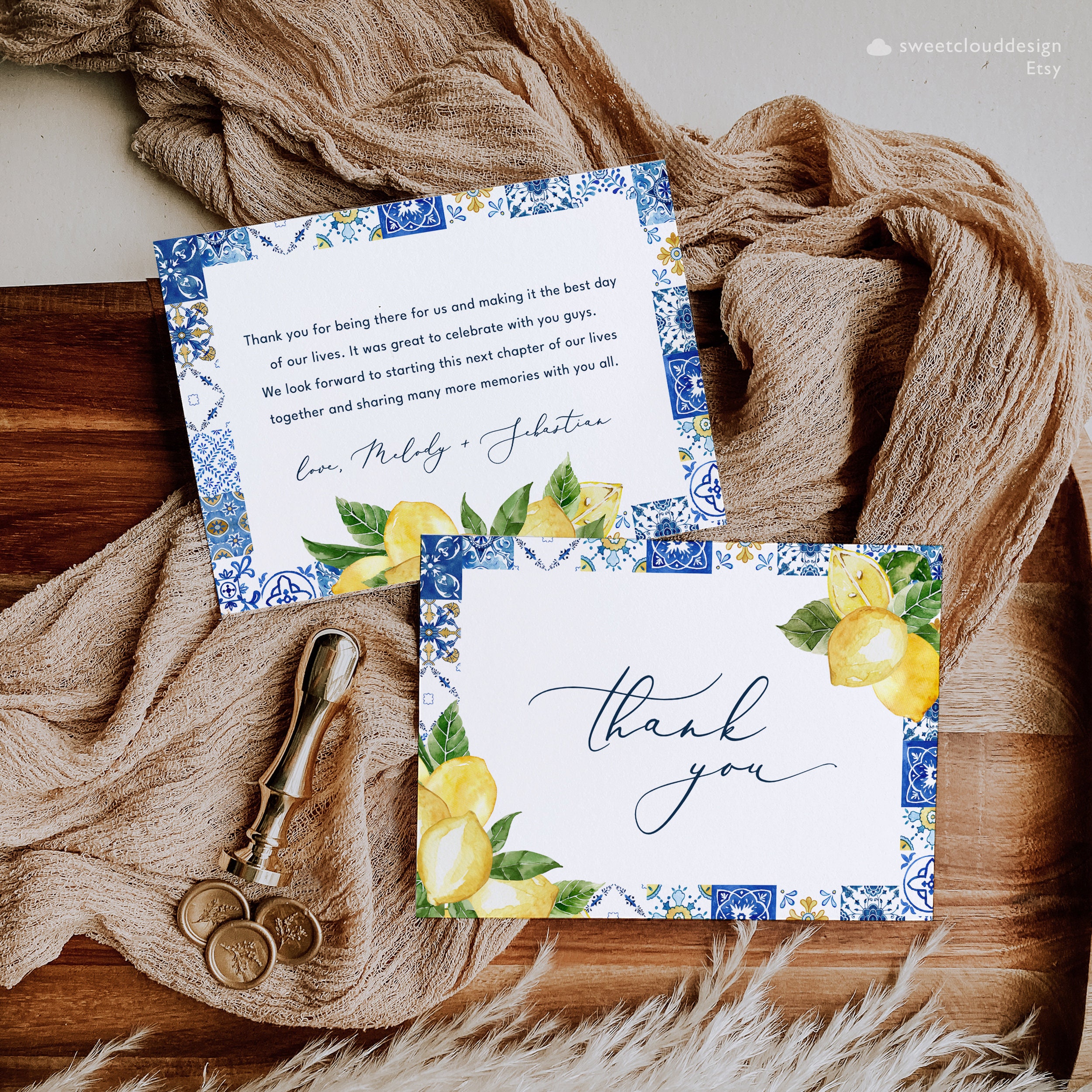 Blue Tile and Lemon Thank You Card Template Editable Lemon Thank You ...