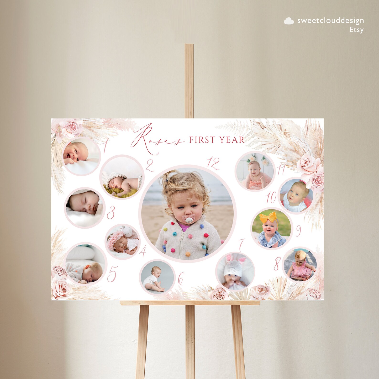 Boho Dusty Pink First Birthday Photo Sign Template Blush Pampas Grass ...